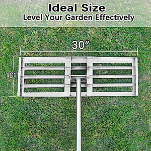 Opmeiro 30'' x 10'' Lawn Leveling Rake: Stainless Steel Lawn Level Tool with Adjustable 87'' Extra Long Handle - Leveling Rakes for Backyard Garden Yard Golf, silver