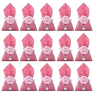 15Pcs Fabric Burlap Gift Bags with Drawstrings,Mini Muslin Cloth Jewelry Bags,Small Drawstrings Pouch Party Favor Fags for Packaging,Wedding Favor Bags,Sachet Bags Empty(4x7.2Inch)Pink Bag Pink Flower