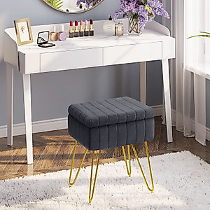 Greenstell Vanity Stool Chair Faux Fur with Storage,15.7"L x 11.8"W x 19.4"H Soft Ottoman 4 Metal Legs with Anti-Slip Feet, Furry Padded Seat, Modern Multifunctional Chairs for Makeup, Bedroom Grey