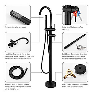 TapLong Freestanding Bathtub Faucet Tub Floor Mount Bathroom Faucets Brass Single Handle with Hand Shower High Flow Rate Max 6 GPM (Matte Black)
