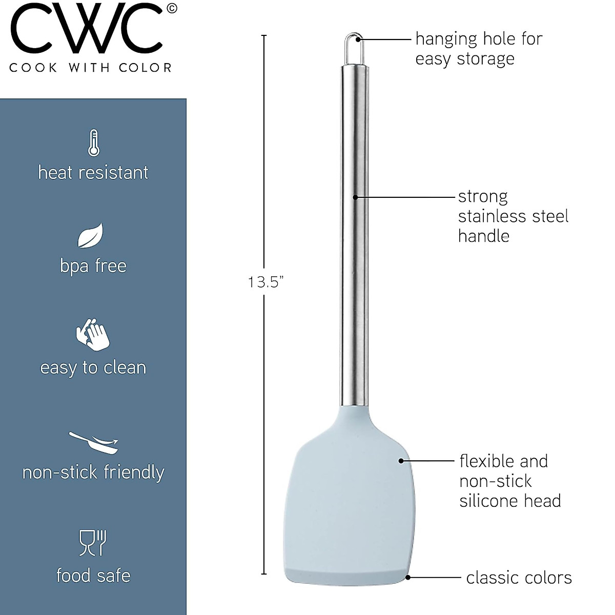 COOK WITH COLOR Silicone Cooking Utensils, Kitchen Utensil Set, Easy to Clean Silicone Kitchen Utensils, Cooking Utensils for Nonstick Cookware, Kitchen Gadgets Set, 10 Pieces, Blue and White