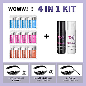 PERMANIA Lash Lift Kit with Black Color, Eyelash & Brow Lamination 4 IN 1 Black Color Make Lash Perm Voluminous and Curl for Salon & Home（Black）