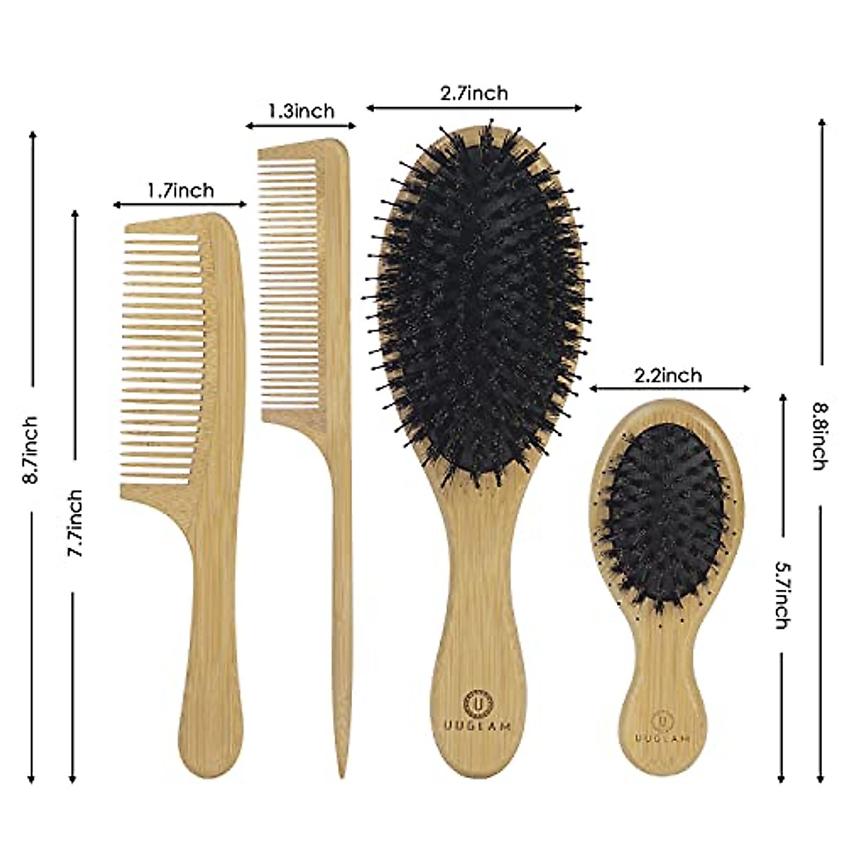Wet Dry Hair Brush and Comb Set-Natural Bamboo Bristles Boar Detangler Hairbrush for Long Short Thick Thin Curly Straight Wavy, Paddle Brush for Men Women Kids (4 pcs)