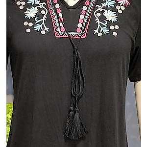 Melliflo Short Sleeve Mexican Dress for Women Tie Front V Neck Floral Midi Dress Fiesta Dresses(V Black. Medium)