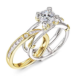 Newshe 1.9CT Sterling Silver Wedding Ring Set for Women Engagement Rings Promise Bridal Anniversary Wedding Band Round Cut 5A CZ Yellow Gold Size 9