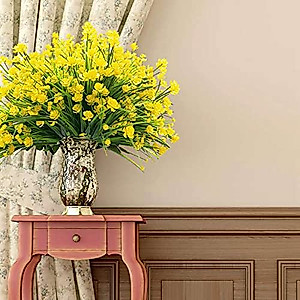 Lesix 8Pcs Artificial Flowers Outdoor UV Resistant Plants, Faux Plastic Greenery Shrubs Plants Indoor Outside Hanging Planter Kitchen Home Wedding Office Garden Decor Yellow