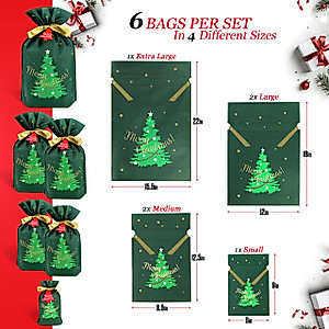 Fabric Gift Bags for Presents - 6 Pcs Large Reusable Christmas Bags with Drawstring (Green Xmas Tree Assorted)