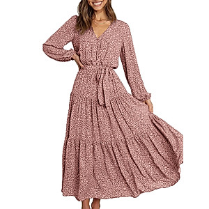 PRETTYGARDEN Women's 2024 Long Sleeve Ruffle Wrap V Neck Floral Maxi Dress Tie Waist Boho Chiffon Casual Flowy Long Dress(Pink,Large)