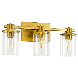 Eatich Bathroom Light Fixtures, 3-Light Brushed Gold Bathroom Vanity Light, Brass Vanity Lights for Bathroom with Clear Glass Shade, Modern Vintage Bathroom Lights Over Mirror
