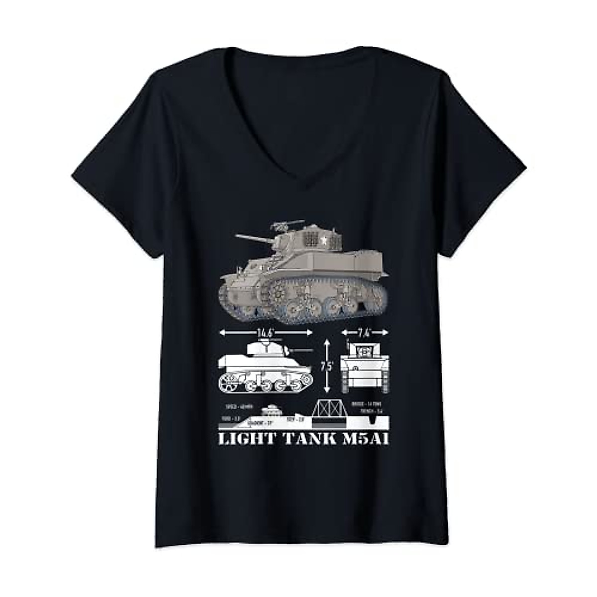 Womens M5A1 Light Tank American WW2 Tanks Infographic Diagram V-Neck T-Shirt