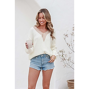 EVALESS Women's Long Sleeve Sweaters Fall 2024 Trendy Sexy Lace V Neck Knit Drop Shoulder Ladies Cute Winter Pullover Tunic Sweater Jumper Tops White Medium