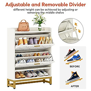Tribesigns Shoe Storage Cabinet with Cubby Coat Rack, 3-in-1Design Free Standing Entryway Shoe Rack Cabinet with 2 Flip Drawers,5 Hooks,3 Storage Cubbies for Hallway, Mudroom, White and Gold