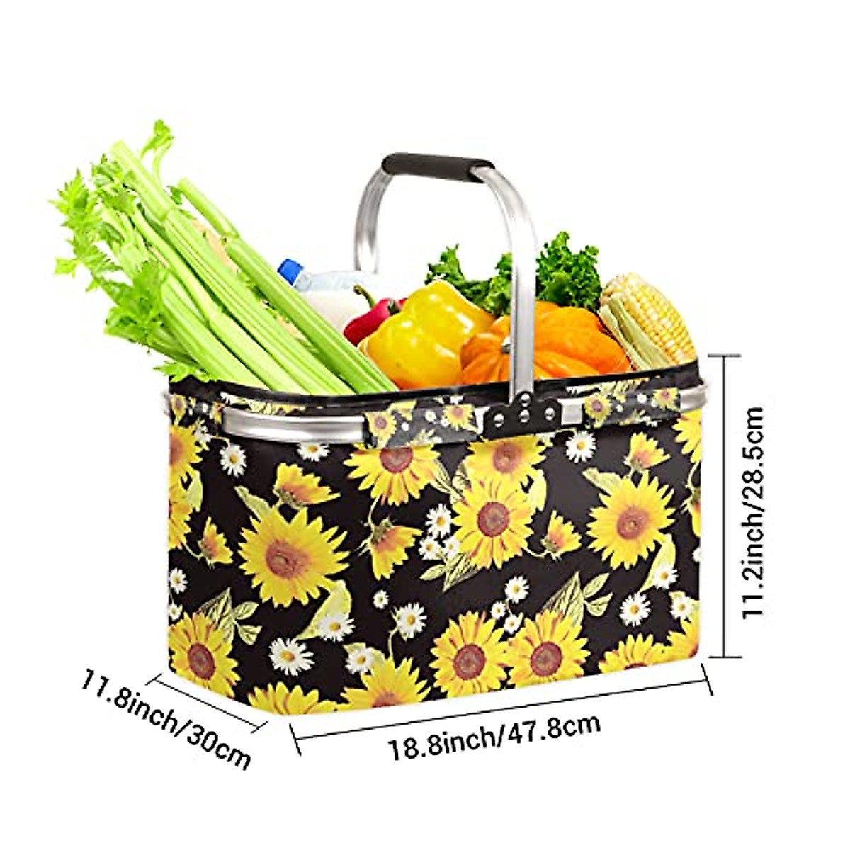 Yellow Sunflower Flower Collapsible Market Basket, Summer Daisy Floral Leakproof Folding Collapsible Portable Picnic Basket Strong Aluminum Frame for Travel, Shopping, Camping & Lake Trips