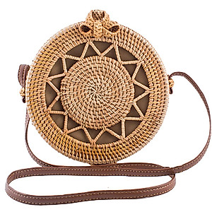 LYCSIX66 Handmade Round Rattan Bag Boho Summer Straw Bag Women Crossbody Purse