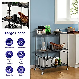 Tangkula 3-Tier Foldable Storage Shelves, Steel Storage Rack with 2 Handles, 4 Caster Wheels and Hook Buckle, Collapsible Utility Cart for Garage Kitchen, 3-Shelf Metal Shelving Units (1, Black)