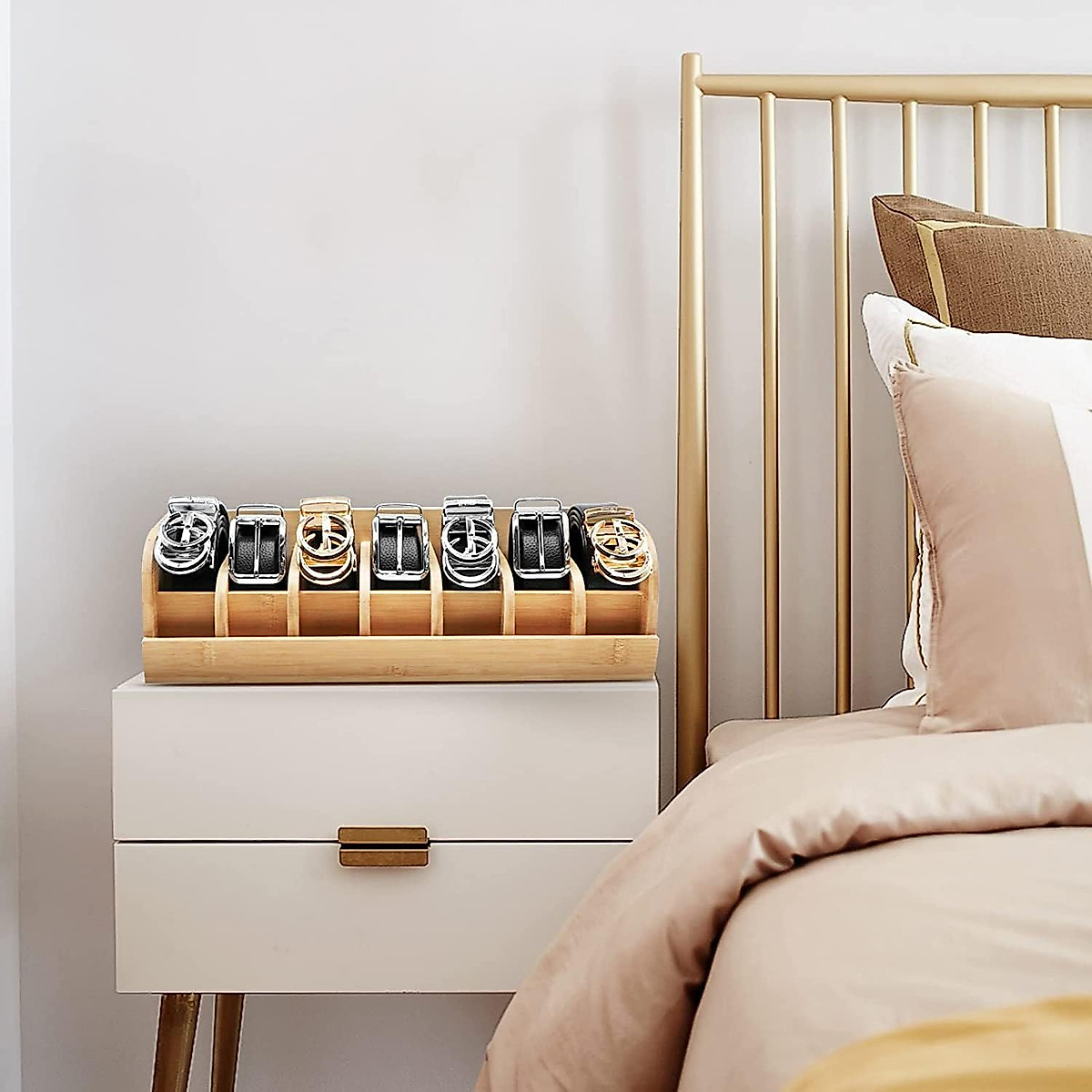 GREATSK Wood Belt Organizer Box,7 Grids Belt Rack, Belt Organizer for Closet and Drawer, Belt Storage Organizer and Displayer, Belt Organizer for Men Women (Natural Wood)