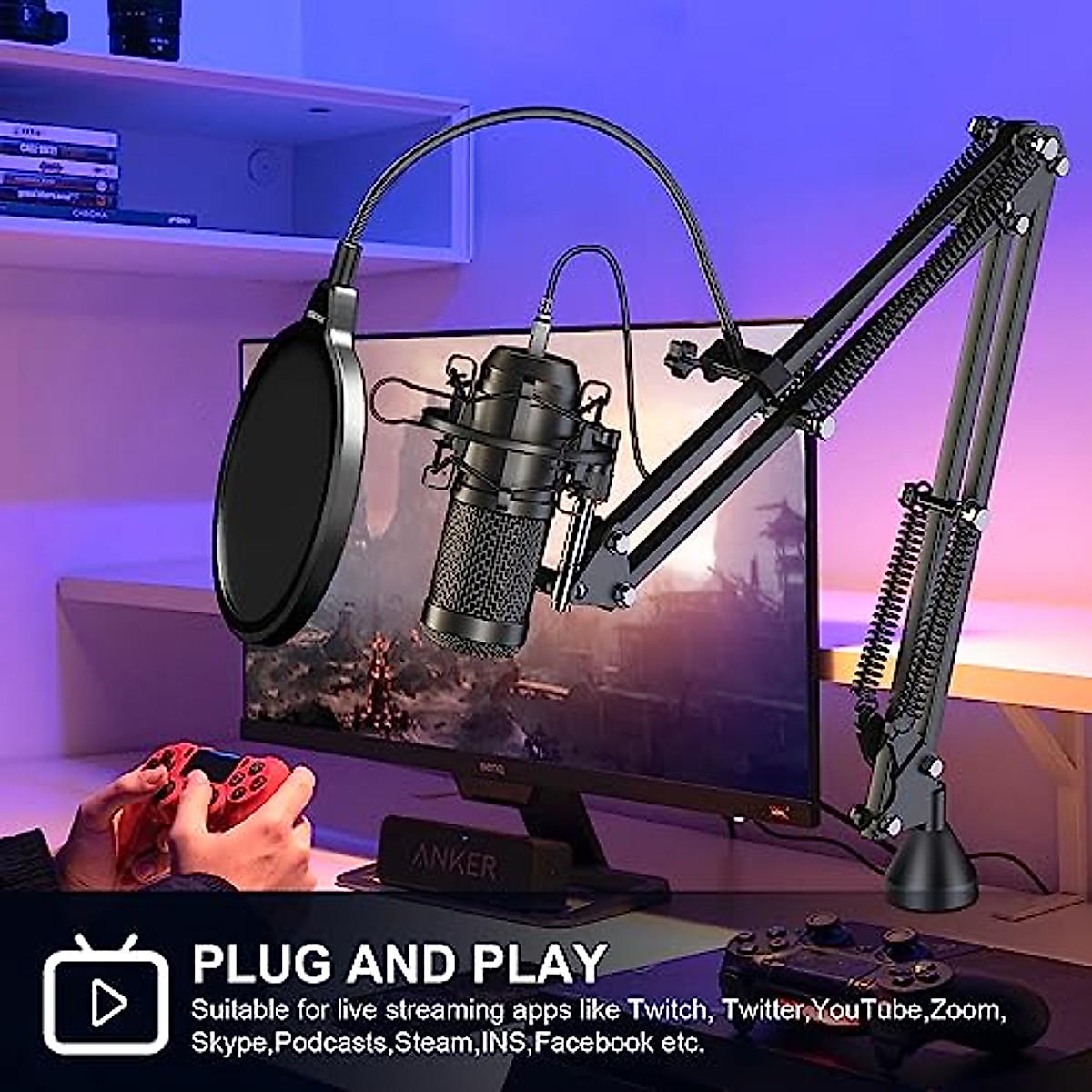 Aokeo USB Condenser Microphone, 192kHZ/24bit Professional PC Streaming Podcast Cardioid Microphone Kit with Boom Arm, Shock Mount, Pop Filter, for Recording, Gaming, YouTube,Meeting, Discord