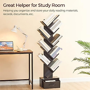 MAHANCRIS Tree Bookshelf, 9-Tier Bookshelf with Drawer, Wooden Book Storage Rack, Floor Standing Bookcase, Utility Organizer Shelves for CDs/Books/Movies, for Living Room, Home Office, Black BKB7101