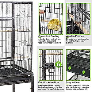Epetlover 53 Inch Height Wrought Iron Standing Parrot Large Flight Bird Cage with Rolling Stand Birdcages for Parakeet Cockatiel Conure Lovebird Finch Black