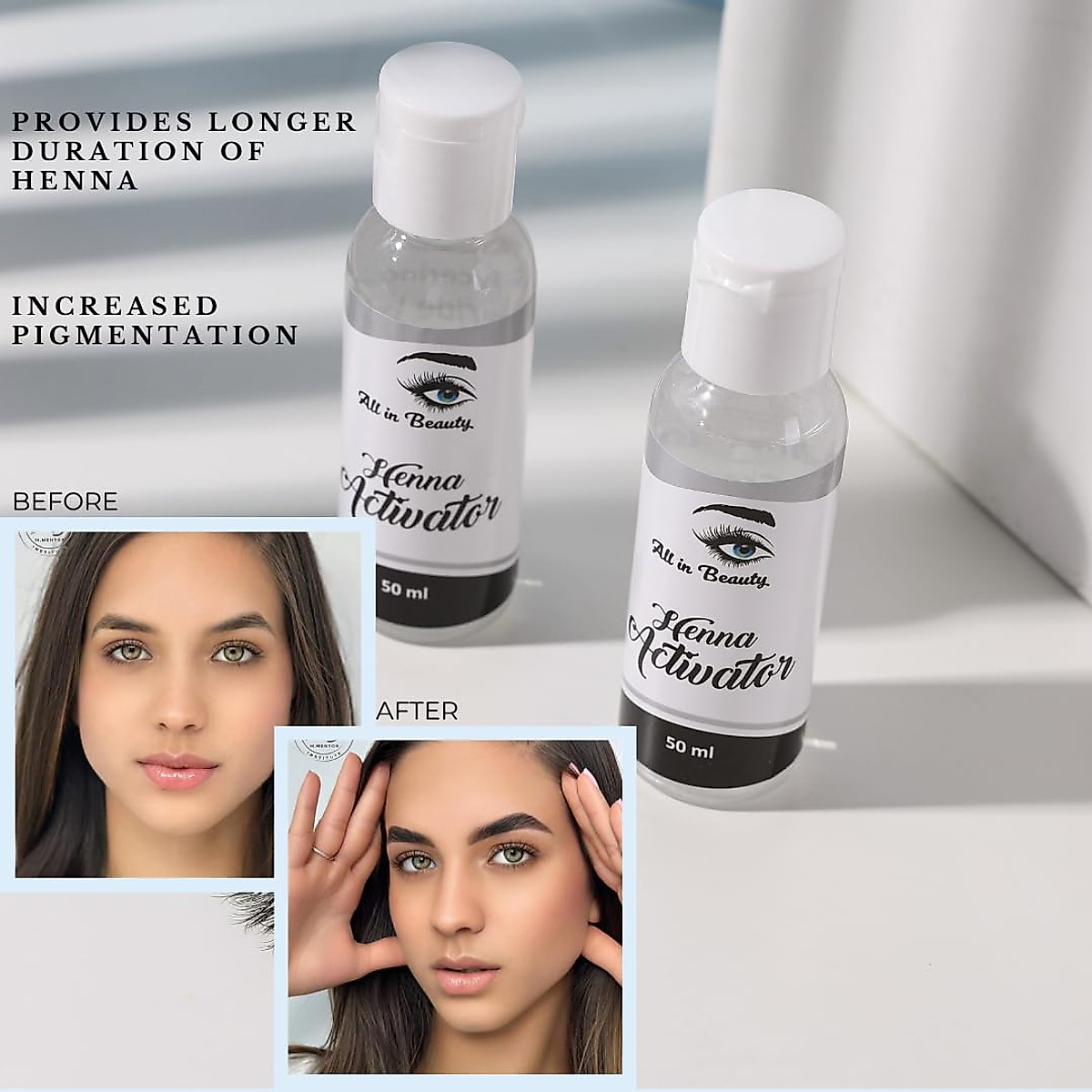 All in Beauty Henna Powder and Activator Color Enhancer Bundle for Brow Coloring and Tinting, Vegan,Made from Natural and Harmless Ingredients, Tint your Brows, Long Lasting and Waterproof