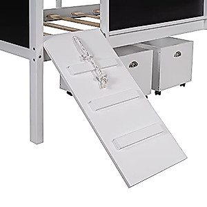 Harper & Bright Designs Kids Loft Bed with Slide and Double-Sided Chalkboard, Wooden Low Loft Bed Frame with 2 Storage Boxes, Twin Loft Bed for Boys & Girls (New, White)