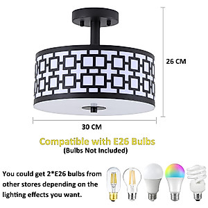 Sheenkarion Black Semi Flush Mount Ceiling Light,Modern Ceiling Drum Lighting Fixtures with Round Metal and Glass Shade for Bedroom Hallway Kitchen Dining Living Room Foyer Entry