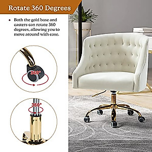 Velvet Home Office Chair with Gold Base, Comfortable Modern Cute Desk Chair, Adjustable Swivel Task Chair for Living Room Bedroom Vanity Study, Ivory