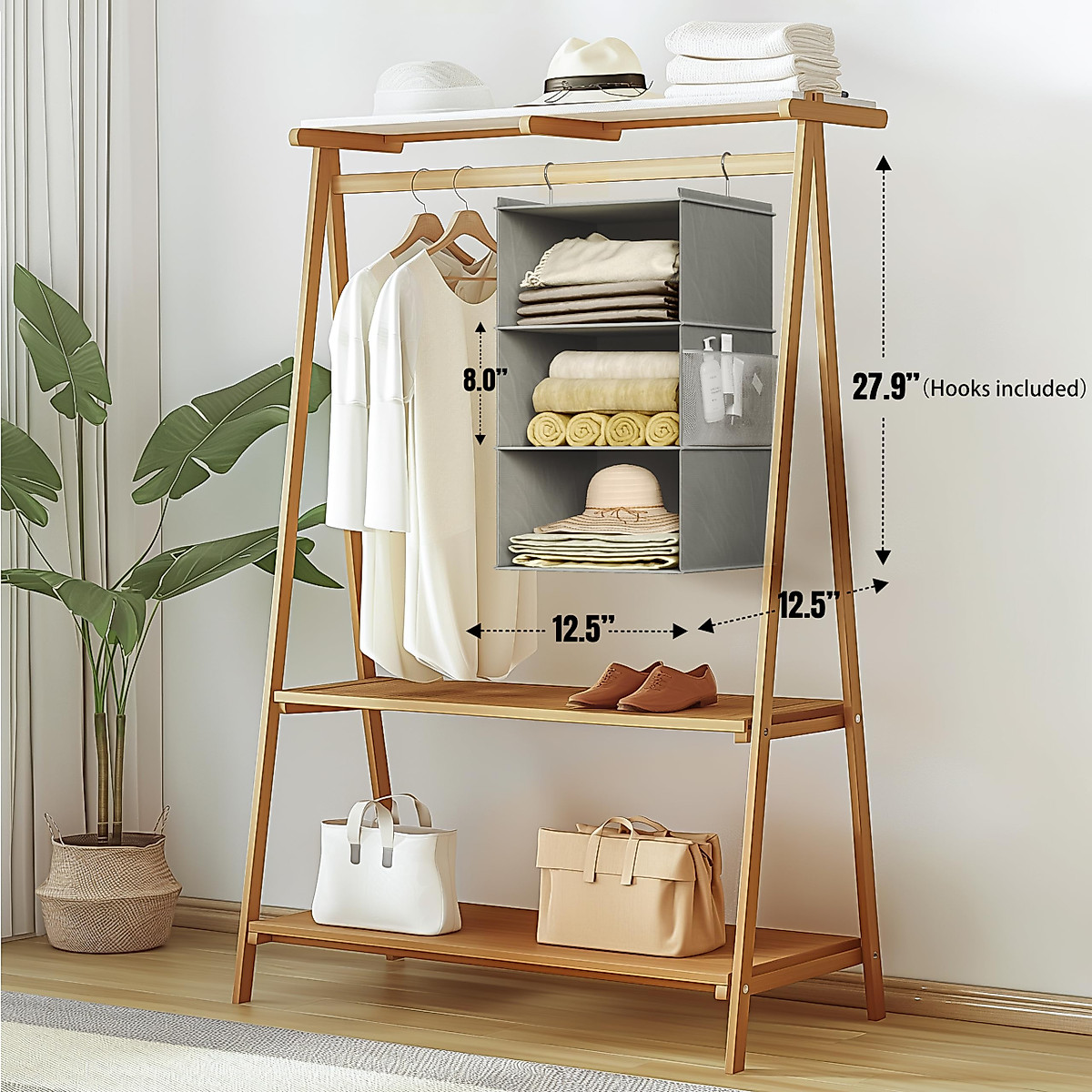 LayerSpace Space-Saving Hanging Closet Organizer - Versatile Storage for Clothes, Travel, Bedroom - 3-Shelf Heavy-Duty Design - Set of 2, Grey