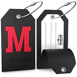 Shacke Initial Luggage Tag with Full Privacy Cover and Stainless Steel Loop - Black (Letter M)