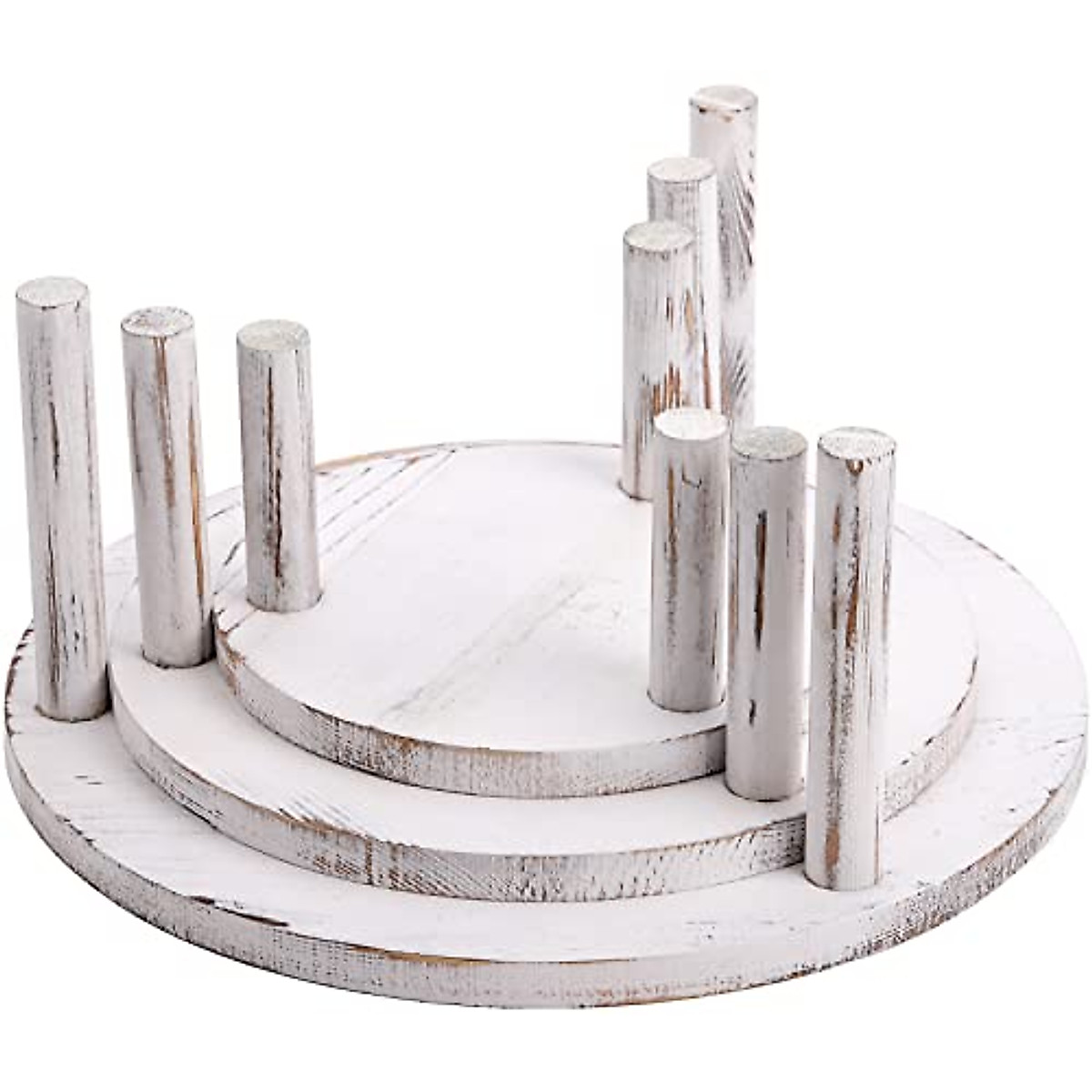 Elsjoy Set of 3 Wooden Cake Stand Round Dessert Display Riser, Stackable Cupcake Stand with Legs, Whitewashed Shabby Retail Bakery Serving Stand for Table Centerpieces, Wedding, Birthday, Party Decor