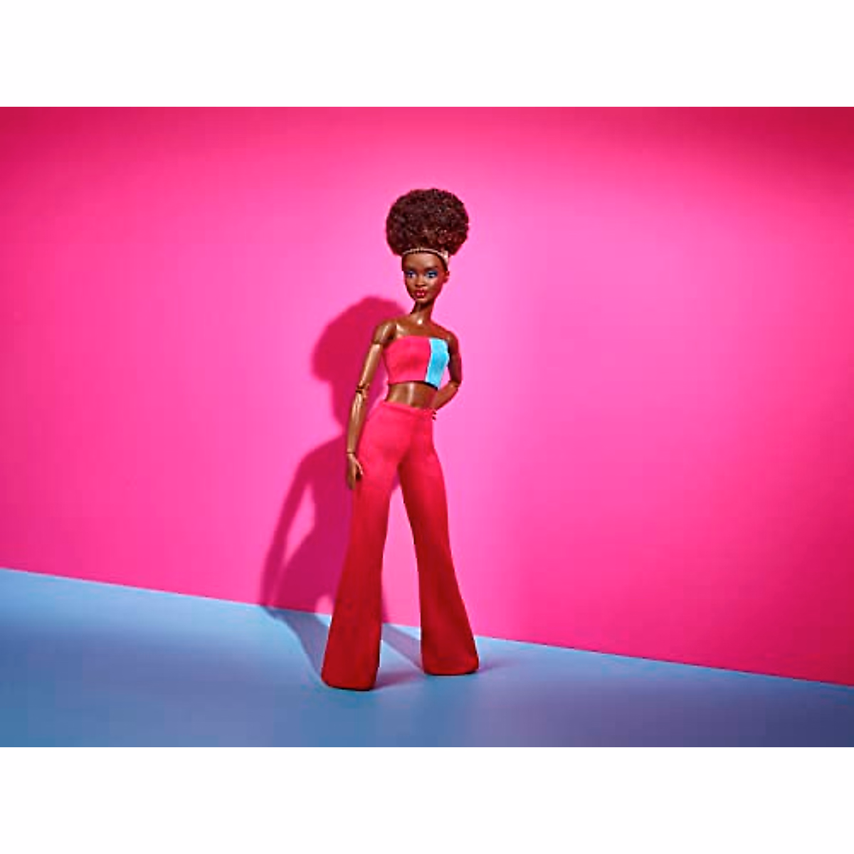Barbie Looks Doll with Natural Black Hair in Color Block Crop Top & Raspberry Flare Pants, Posable Made to Move Body For 6 years and older