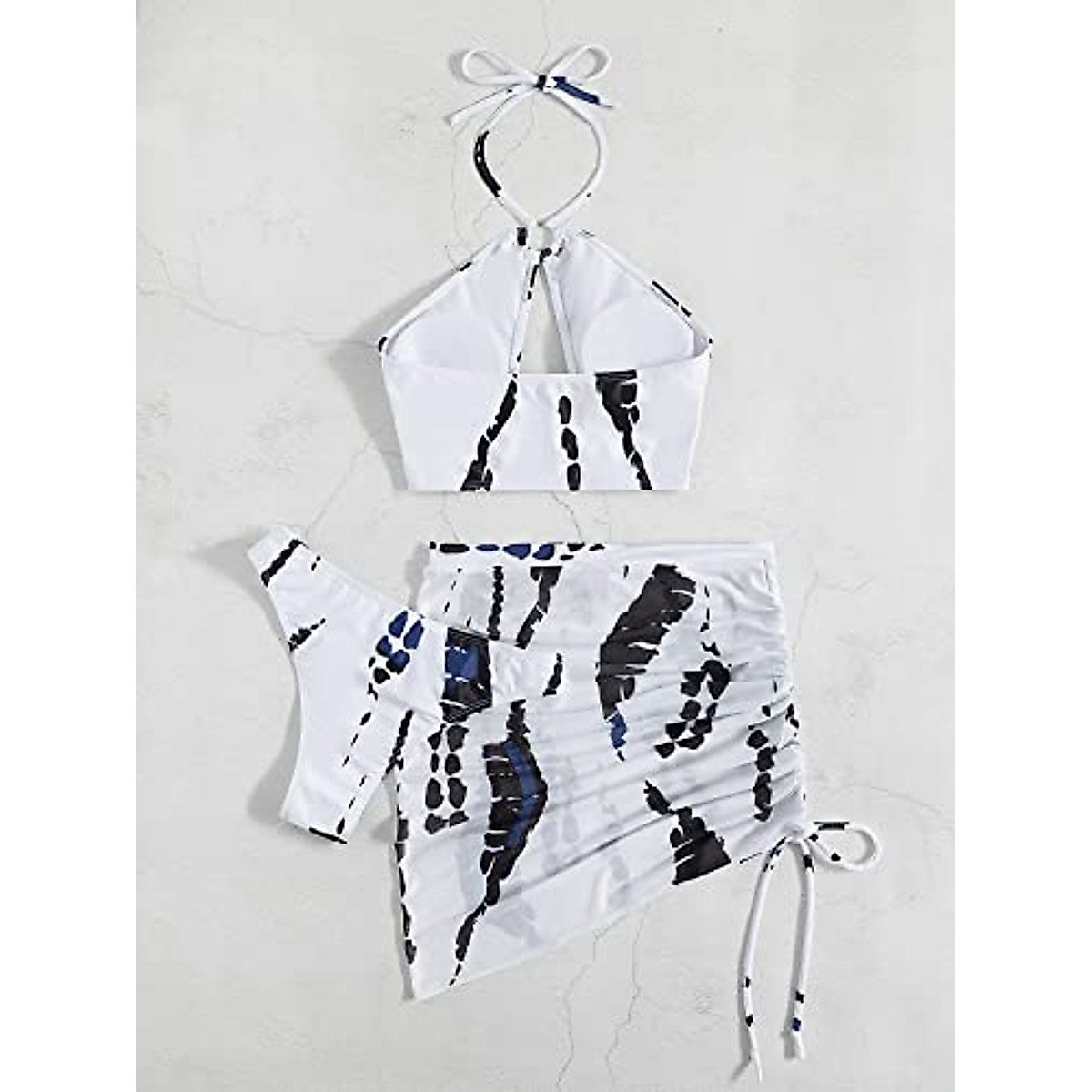 MakeMeChic Women's 3 Piece Swimsuits Halter Cutout Bikini Set Bathing Suit with Cover Up Skirt Black and White S