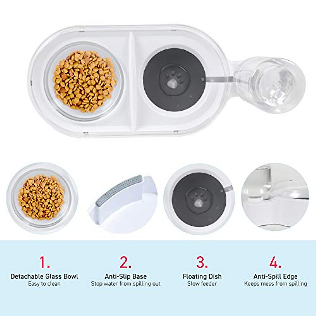 ANYPET 2-in-1 Gravity Water Bowl and Food Bowl, Anti-Spill Raised Sides, Anti-Slip Base, Pet Automatic Water Dispenser with Detachable Bowl and 500ml Water Bottle, White (APF07W)