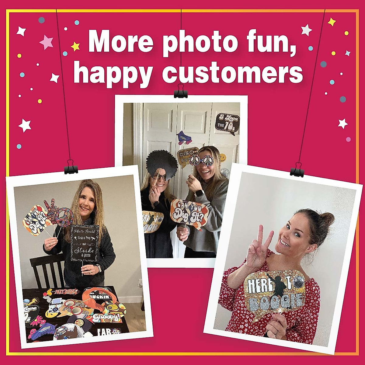 70s Photo Booth Props - 41-pc Disco Photo Booth Kit with 8 x 10-Inch Sign, 60 Adhesive Pads, 45 Sticks - Disco Photo Booth Props - 70's Party Props - 70s Decorations