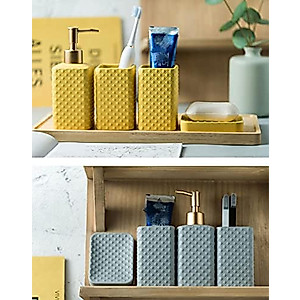 Bathroom Accessories Set Ceramic Soap Dispenser Toothbrush Holder Bathroom Tumbler Soap Dish Bathroom Decor Vibrant Modern Bathroom Set (Yellow 4-Piece Suit)