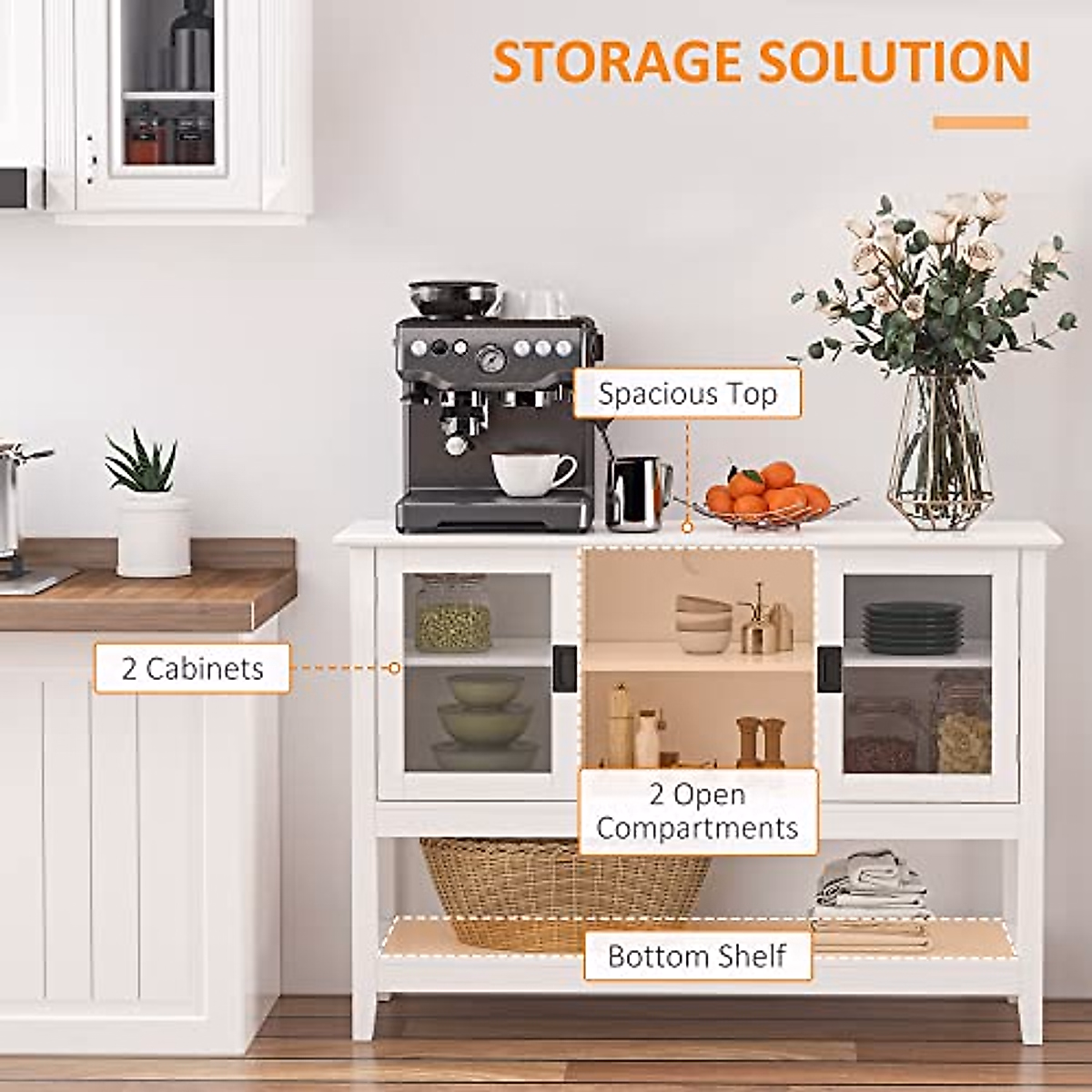 HOMCOM Modern Sideboard Buffet Cabinet, Console Table with Framed Glass Doors, Multiple Storage Options, and Anti-Topple for Kitchen, Living Room, White