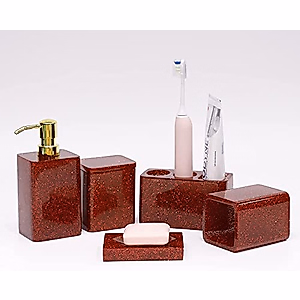 Red Glitter Bathroom Accessories Set Complete 5Pcs Soap/Lotion Dispenser&Toothbrush Holder Set,Soap Dish,Qtip Holder,Tumbler Resin restroom accessories Kit for Bath Vanity Countertop Décor Gift Packed