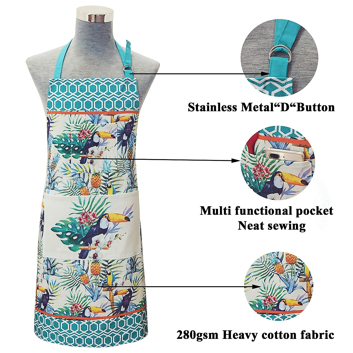 RED LMLDETA Adjustable Neck Strap Bib Apron 3 Pockets Extra Long Ties 100% Cotton Bird Printing Kitchen Men Women Chef Waiters Cooking Baking Barbecue BBQ Crafting Garden Christmas Gift (Bird flower)