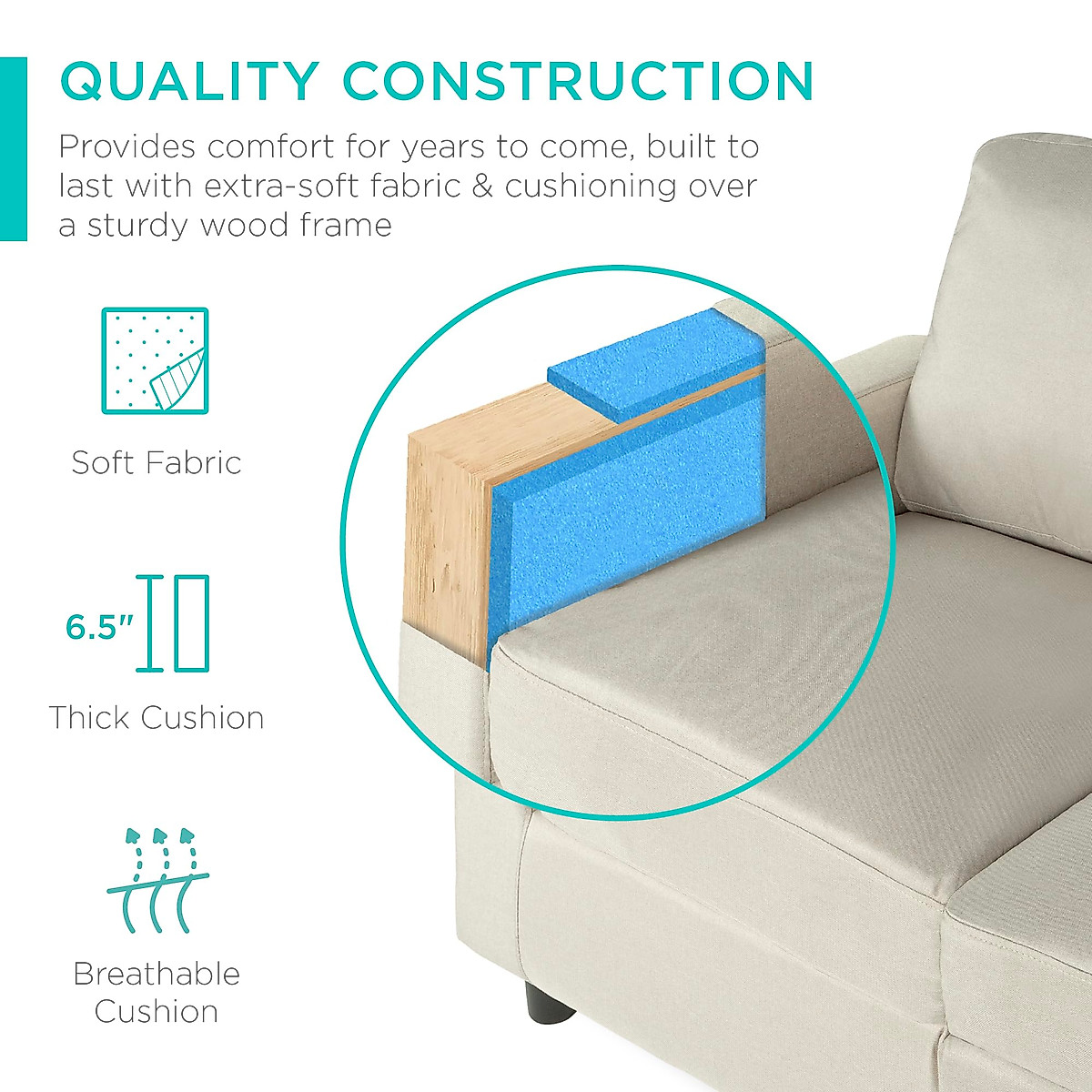 Best Choice Products Upholstered Sectional Sofa for Home, Apartment, Dorm, Bonus Room, Compact Spaces w/Chaise Lounge, 3-Seat, L-Shape Design, Reversible Ottoman Bench, 680lb Capacity - Beige