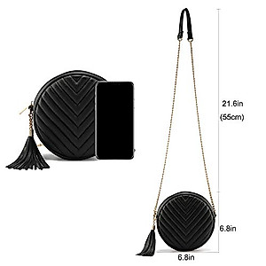 CHIC DIARY Small Crossbody Bags for Women Round Quilted Purse with Tassel Faxu Leather Shoulder bag (Black)