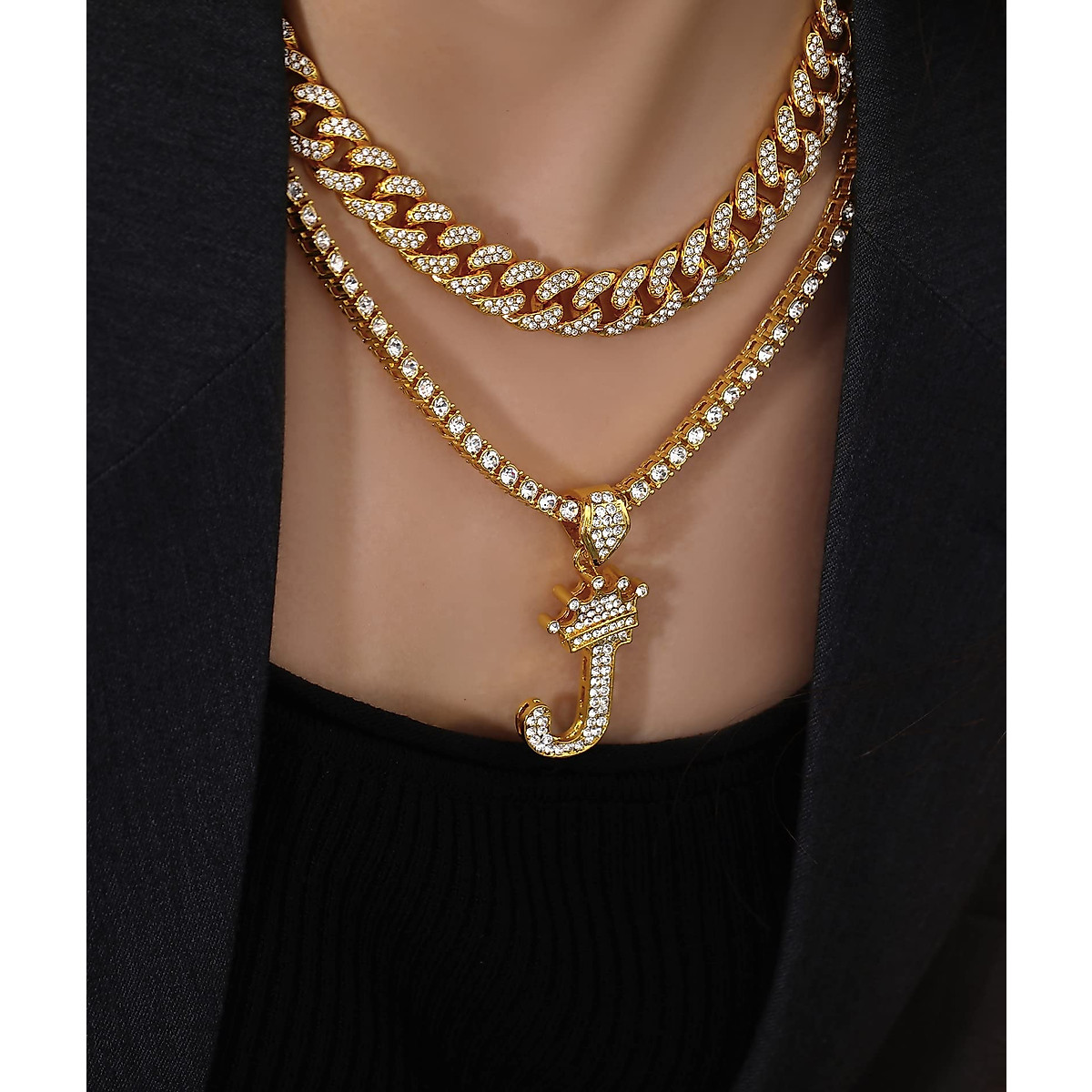 WFYOU Cuban Link Chain for Women Crown Gold Initial Pendant Necklace 18K Gold Plated Alphabet Letter Pendant Choker Hip Hop Diamond Chain Custom Name Necklace Trendy Dainty Rapper Jewelry Gift