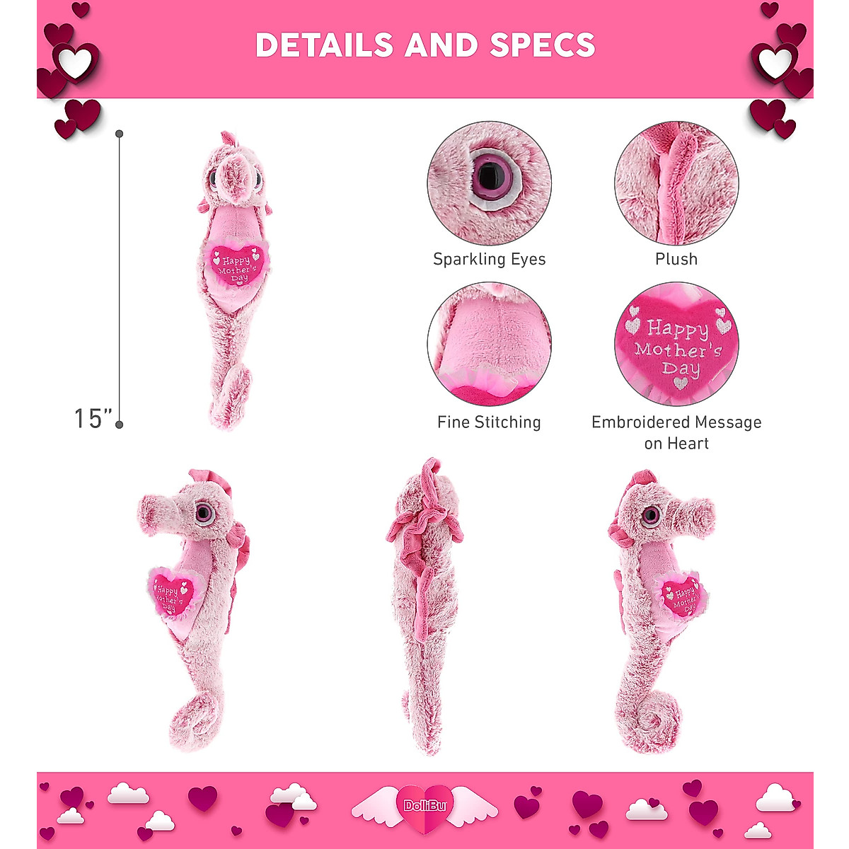 DolliBu Happy Mother's Day Super Soft Plush Pink Seahorse Doll Figure - Cute Stuffed Animal with Pink Heart Message for Best Mommy, Grandma, Wife, Daughter - 15" Inches