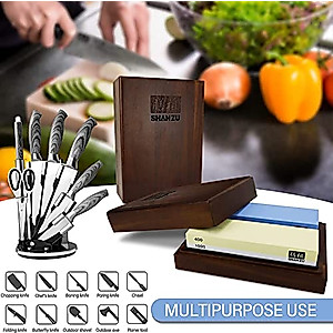 Sharpening Stone Set with Wood Storage Box, SHAN ZU Whetstone Dual Grit 400/1000 & 3000/8000 Knife Sharpener Stone Includes Non-Slip Rubber Strip & Flattening Stone & Angle Guide & Leather Razor Strop