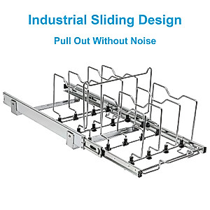 BBLHOME Pan and Pot Lid Pull Out Organizer,Cabinet Under Sliding Shelf with Adjustable Dividers,Cookware Organizer Rack for Kitchen,Pantry,11" W x 21" D x 9" H with Water Tray,Chrome
