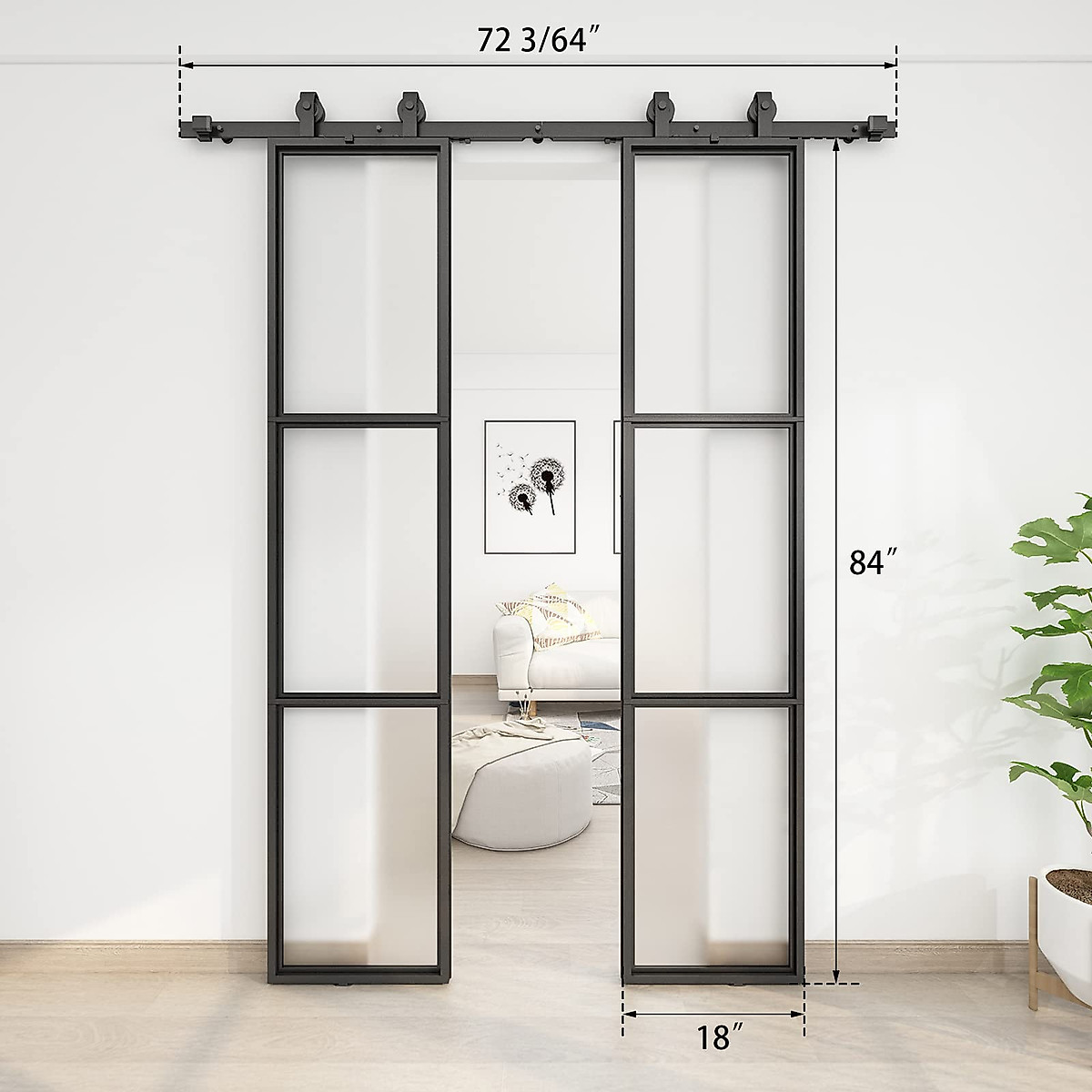 JUBEST 36 x 84 Inch Double Barn Door with 6FT Hardware Kit and Soft Close Mechanism Include, 2 Sets of 18in x 84in 3-Paneled Frosted Glass with Carbon Steel Frame Barn Door, Easy to Install