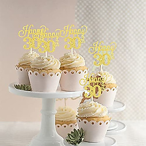 24 Pack Happy 30th Cupcake Toppers Glitter Number 30 Cheers to 30 Cupcake Picks 30th Birthday Wedding Anniversary Party Cake Decorations Supplies Gold