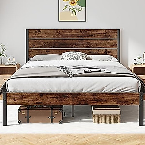 Fluest Queen Bed Frame with Headboard and Footboard, Metal Queen Bed Frame with Under Bed Storage, All-Metal Support System, No Box Spring Needed, Easy Assembly,Rustic Brown