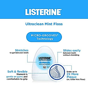 Listerine Ultraclean Waxed Mint Dental Floss Bundle | Effective Plaque Removal, Teeth & Gum Protection | Shred-Resistant , PFAS FREE | 30 Yards, 6 Pack ( Packaging may vary )