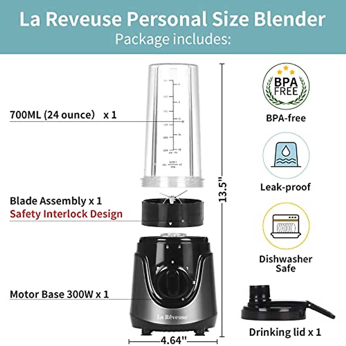La Reveuse Personal Size Smoothies Blender 300 Watts with 24 oz BPA-Free Portable Travel Sports Bottle (Grey)