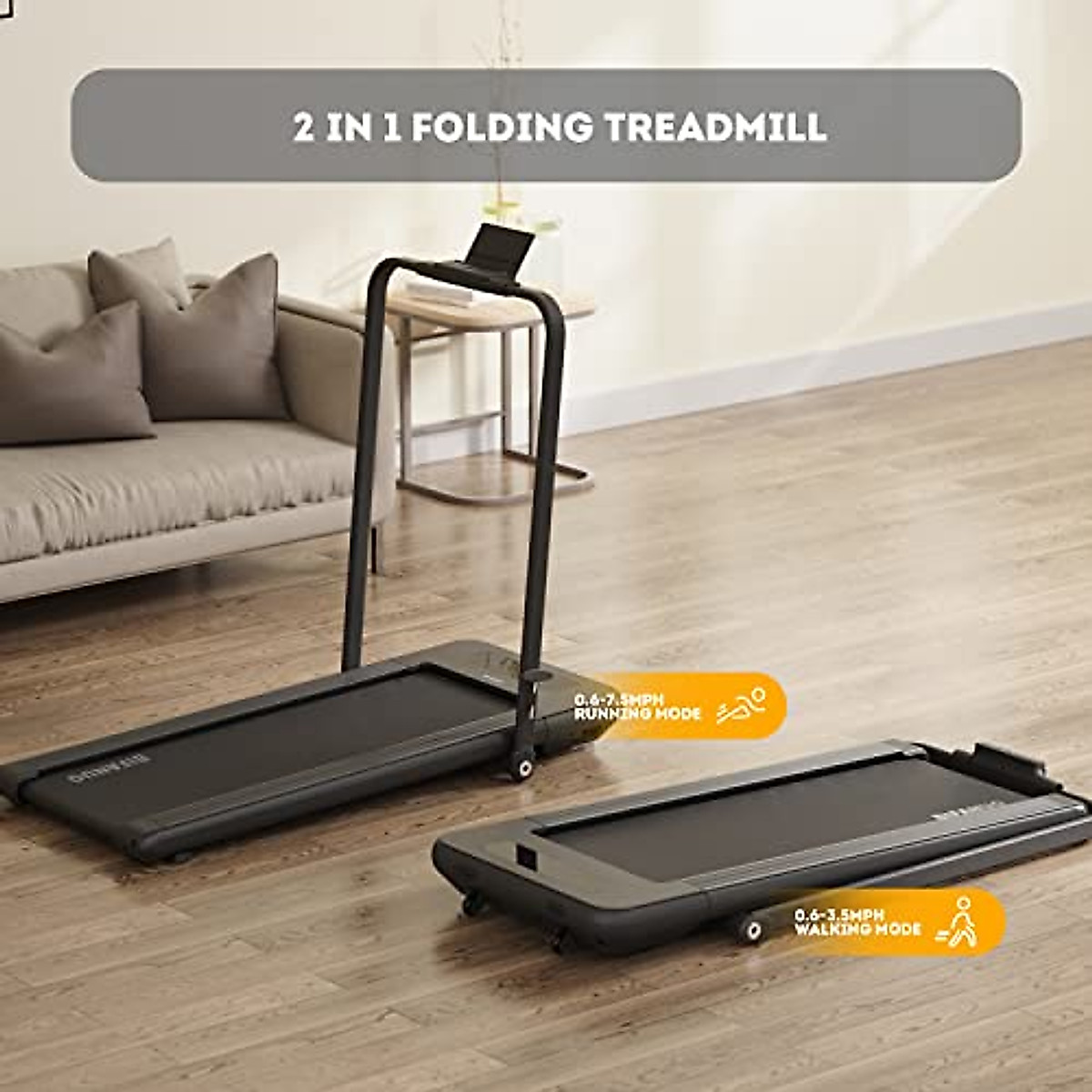 Bifanuo 2 in 1 Folding Treadmill, Smart Walking Running Machine with Bluetooth Audio Speakers, Installation-Free，Under Desk Treadmill for Home/Office Gym Cardio Fitness（Black）